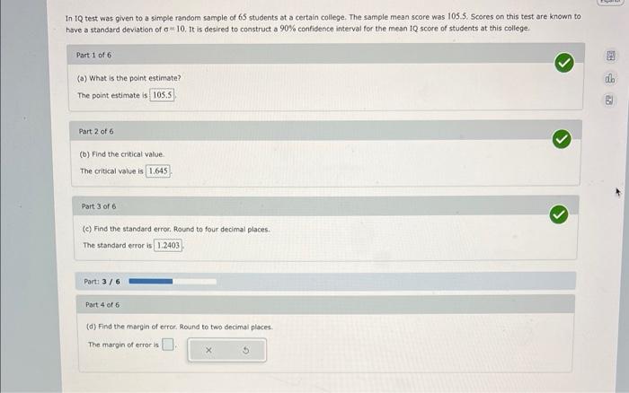 Solved In 1Q test was given to a simple random sample of 65 | Chegg.com