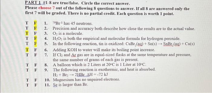 Solved PART 1 #1-8 are true/false. Circle the correct | Chegg.com