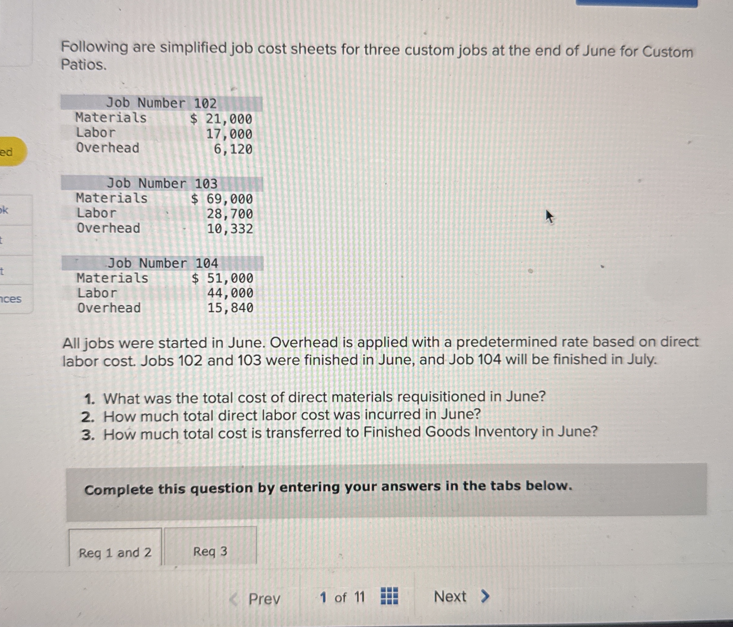 Solved Following are simplified job cost sheets for three | Chegg.com