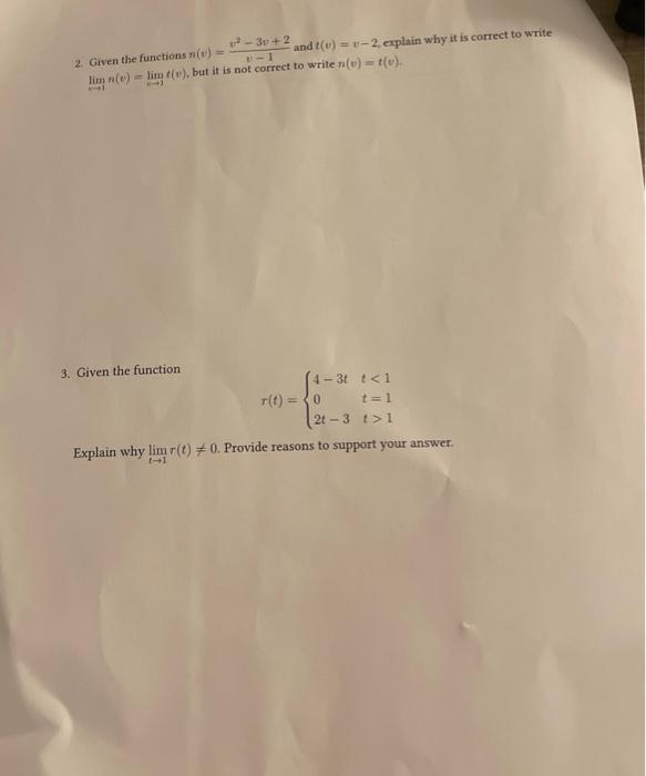 Solved 2. Given the function n(v)=v−1v2−3v+2 and t(v)=v−2, | Chegg.com