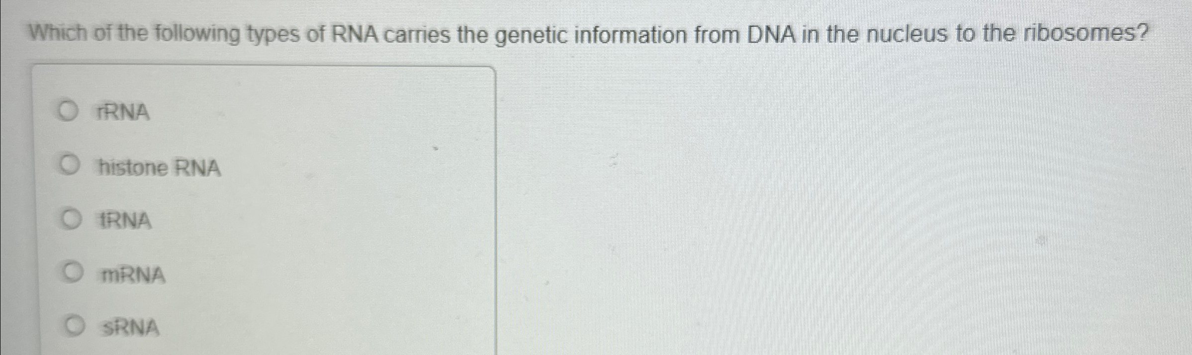 Solved Which of the following types of RNA carries the | Chegg.com
