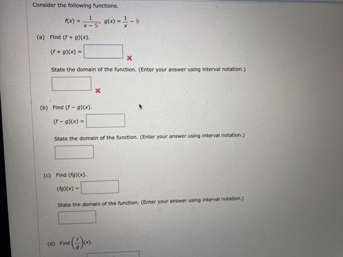 Solved Consider the following functions. f(x)=x−51,g(x)=x1−9 | Chegg.com