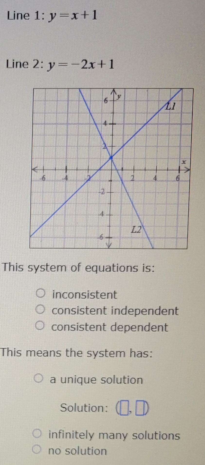 Solved Line 1: y=x+1Line 2: y=-2x+1This system of equations | Chegg.com