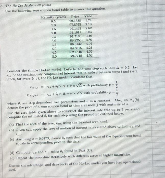 3. The Ho-Lee Model-40 points Uso the following zero | Chegg.com