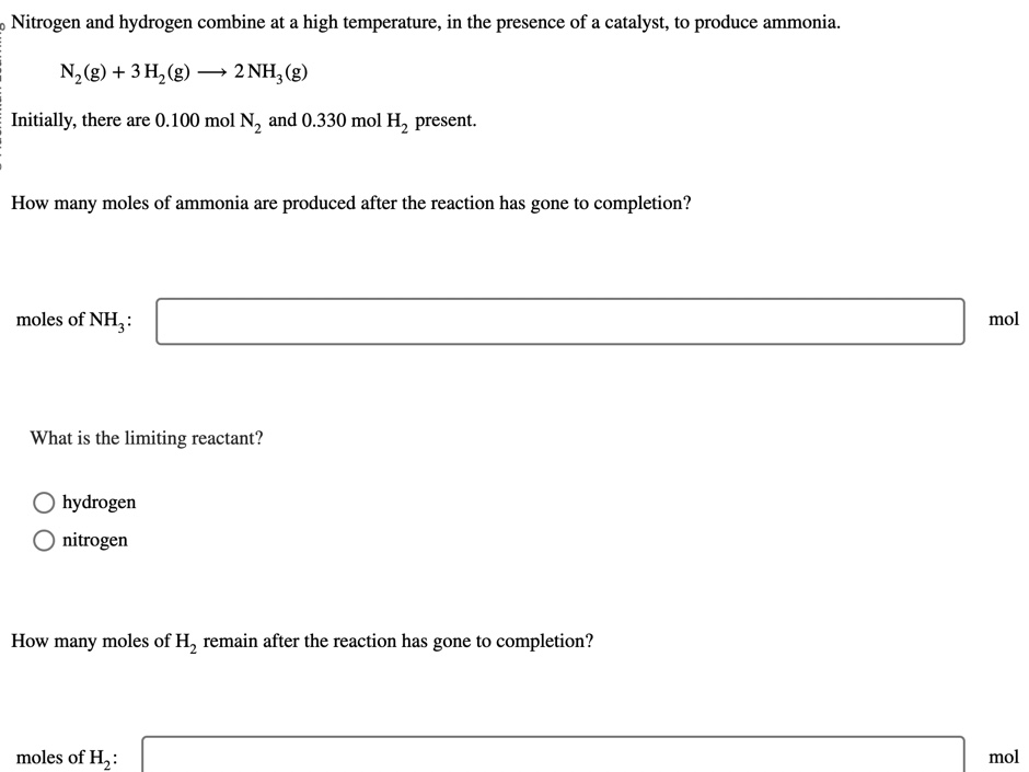 Solved Nitrogen and hydrogen combine at a high temperature, | Chegg.com