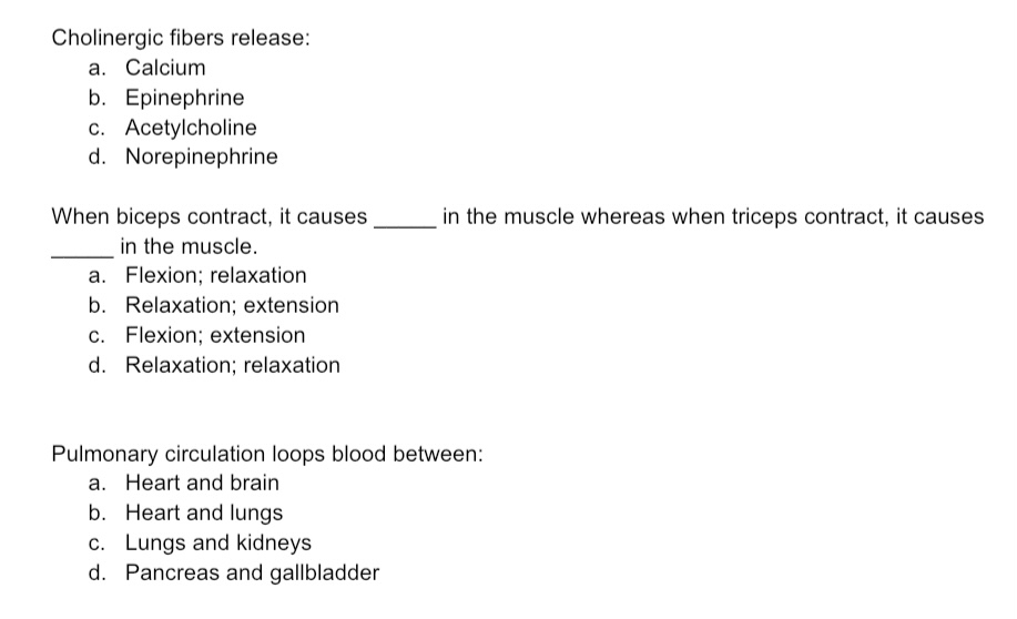 Solved Cholinergic fibers release:a. ﻿Calciumb. | Chegg.com