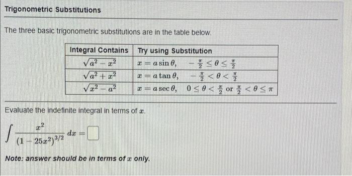 Solved Trigonometric Substitutions The three basic | Chegg.com