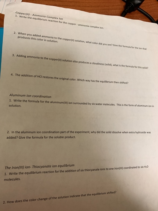 Solved Copper(11) - Ammonia Complex ion 1. Write the | Chegg.com