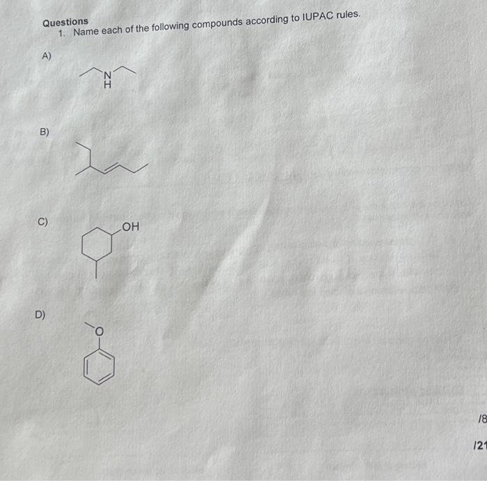 Solved 1. Name each of the following compounds according to | Chegg.com