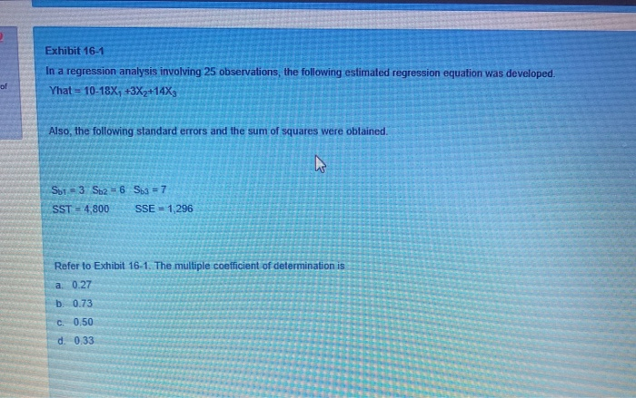 Solved Exhibit 16-1 In a regression analysis involving 25 | Chegg.com