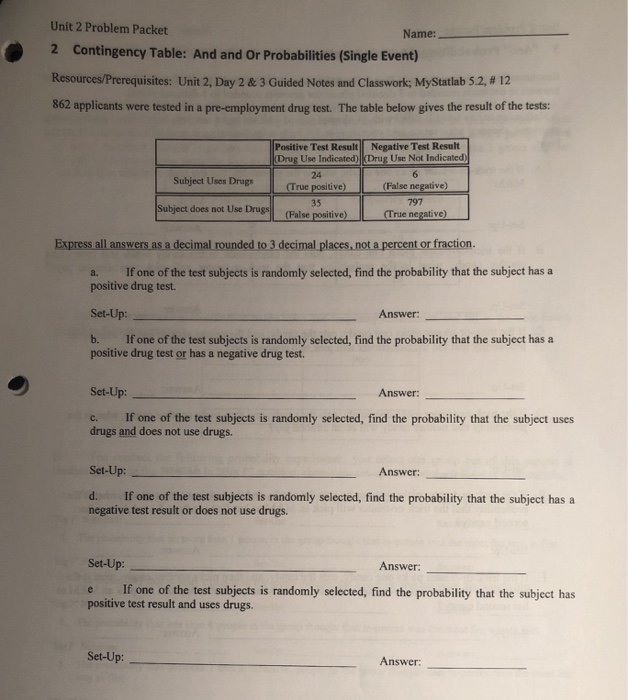 Solved Unit 2 Problem Packet Name: 2 Contingency Table: And | Chegg.com