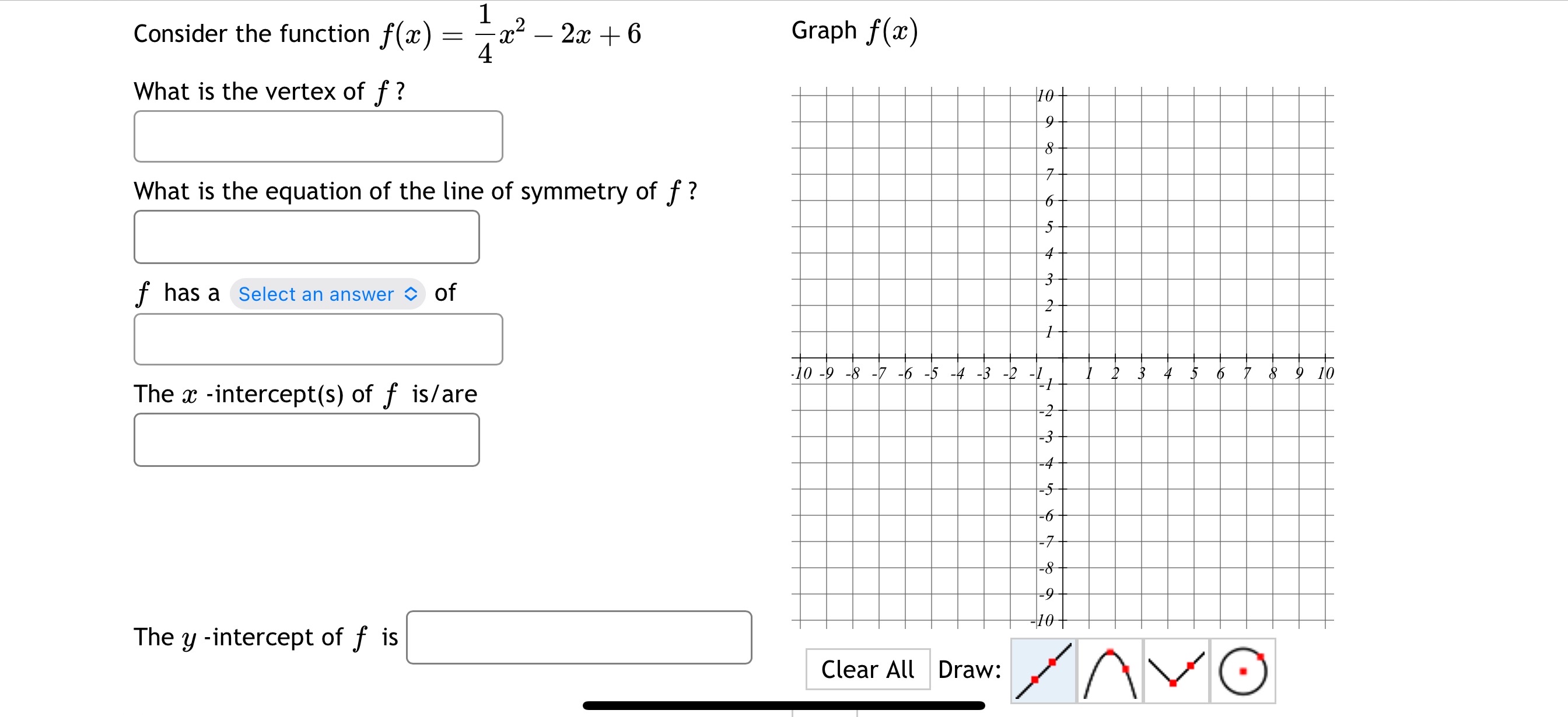 Solved Consider the function f(x)=14x2-2x+6Graph f(x)What is | Chegg.com