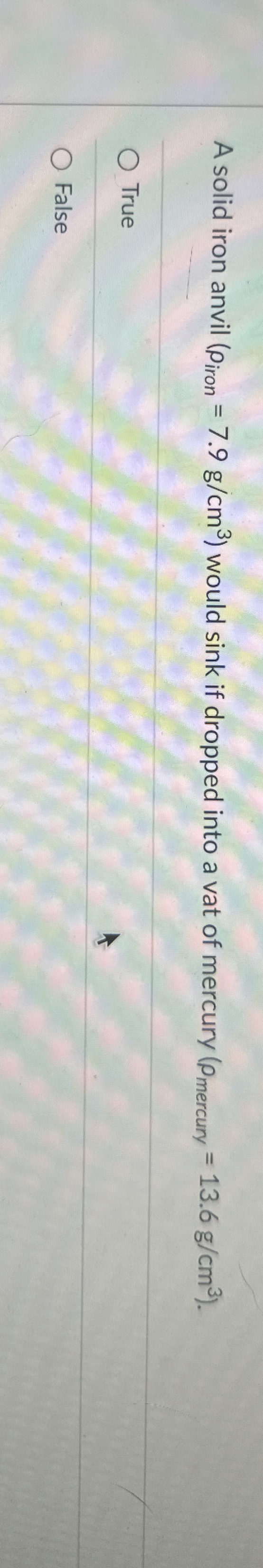 Solved A solid iron anvil ( ρiron =7.9gcm3 ) ﻿would sink if | Chegg.com