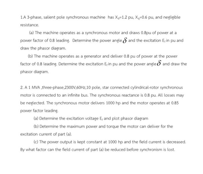 1.A 3-phase, satient pole synchronous machine has | Chegg.com