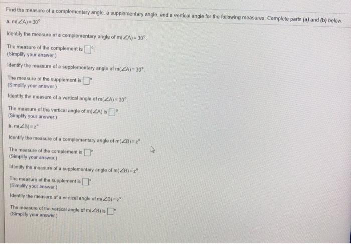 Solved Find the measure of a complementary angle, a | Chegg.com