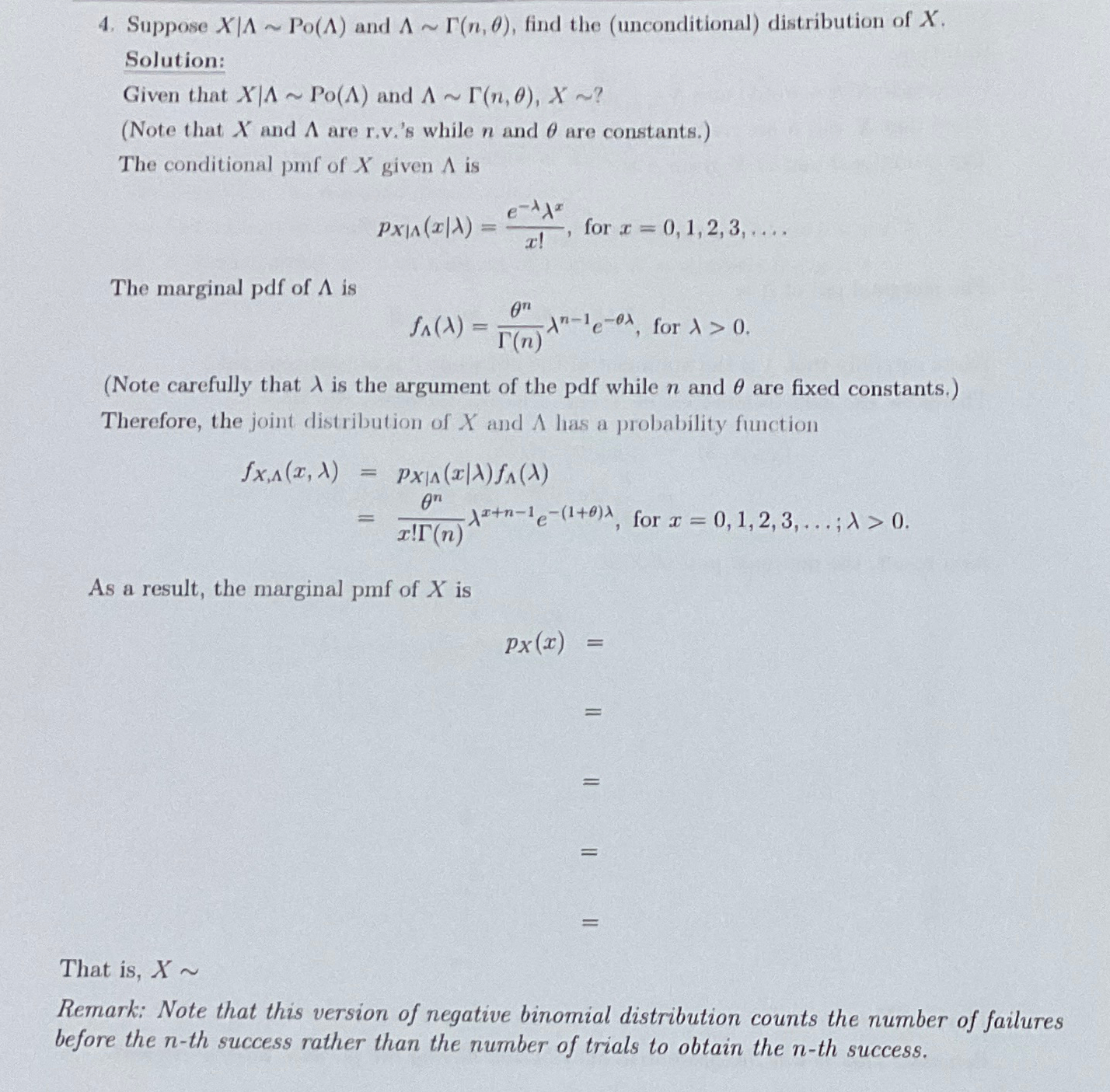 Solved Suppose x|Λ∼Po(Λ)| ﻿and Λ∼Γ(n,θ), ﻿find the | Chegg.com