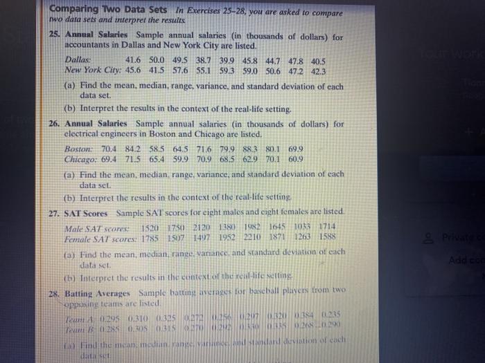 Solved Comparing Two Data Sets In Exercises 25-28, you are | Chegg.com