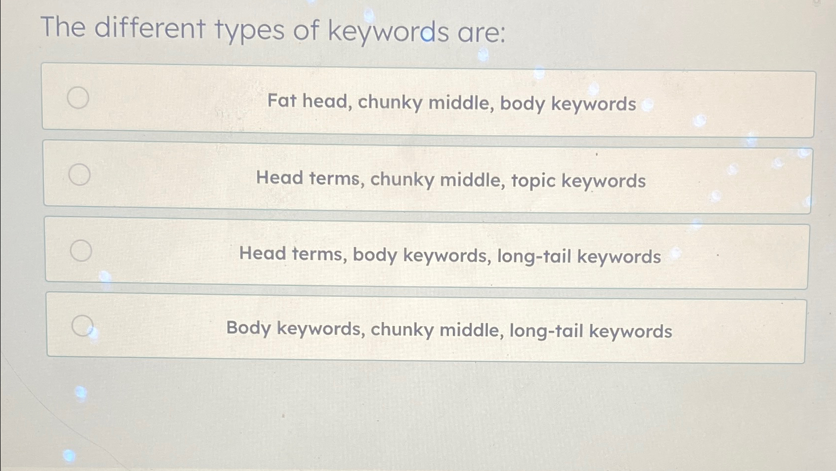 Solved The different types of keywords are:Fat head, chunky | Chegg.com