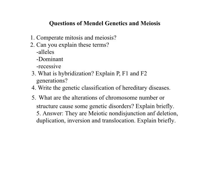 Solved Questions of Mendel Genetics and Meiosis 1. Comperate | Chegg.com