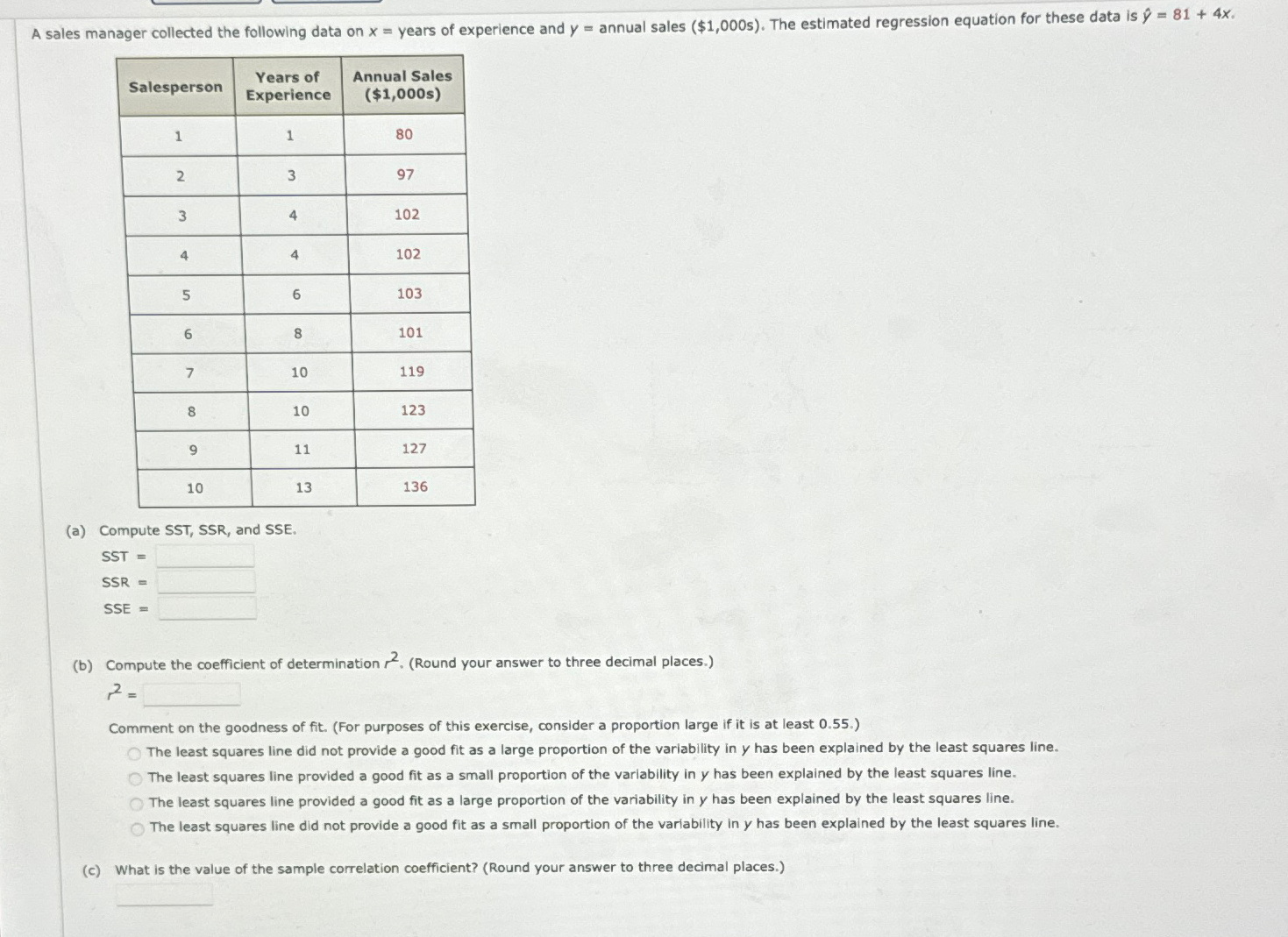Solved A sales manager collected the following data on x= | Chegg.com