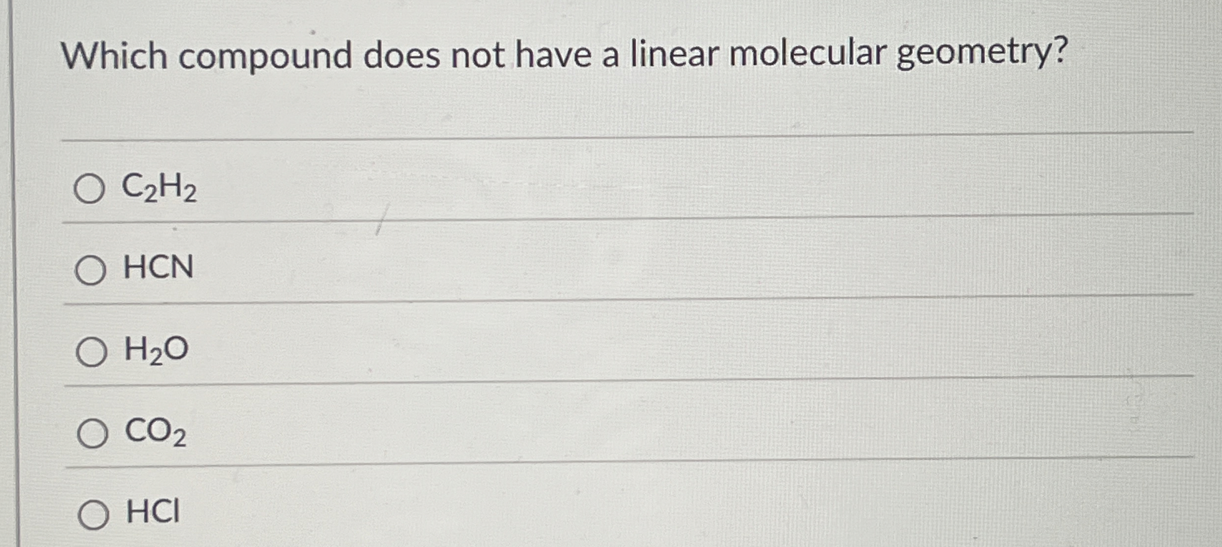 Solved Which compound does not have a linear molecular | Chegg.com