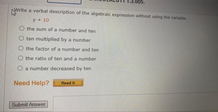 Solved Write a verbal description of the algebraic | Chegg.com