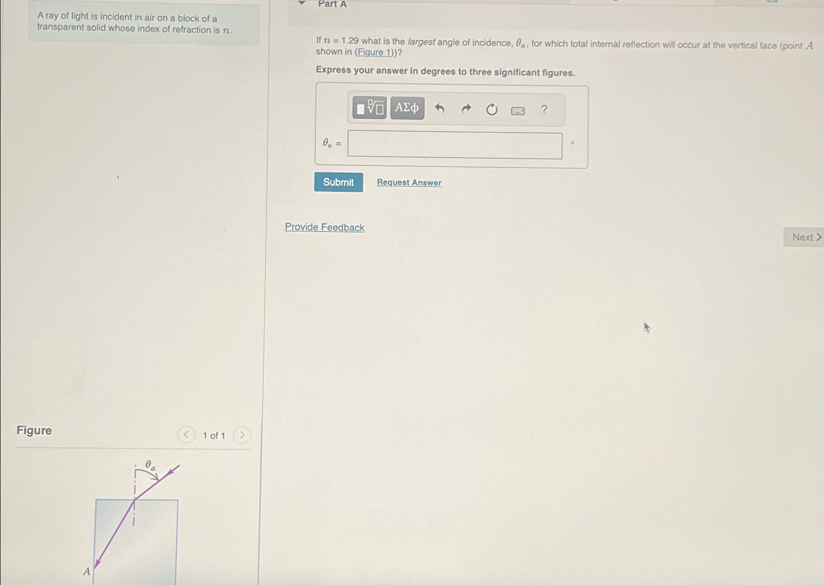 Solved A ray of light is incident in air on a block of a | Chegg.com