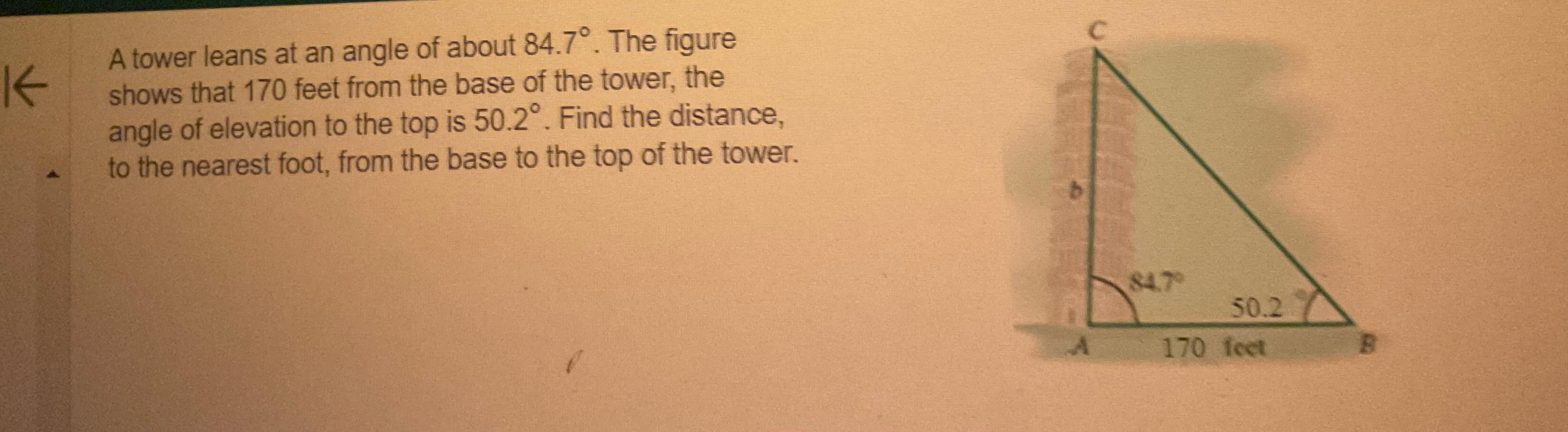 Solved A tower leans at an angle of about 84.7°. ﻿The figure | Chegg.com