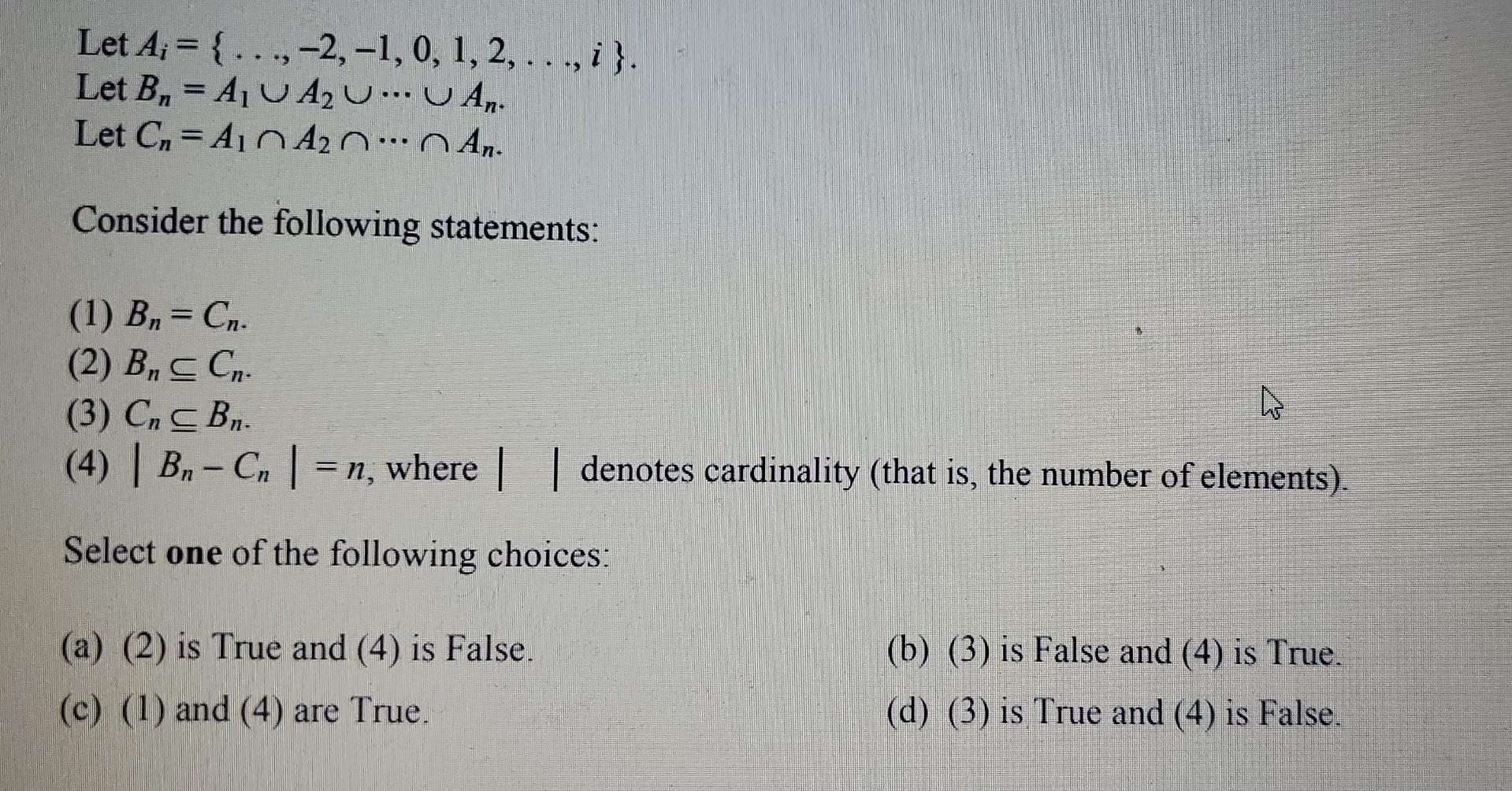 Solved Let A;= {...,-2,-1,0, 1, 2, ..., i} Let B, = A1 U A2 | Chegg.com
