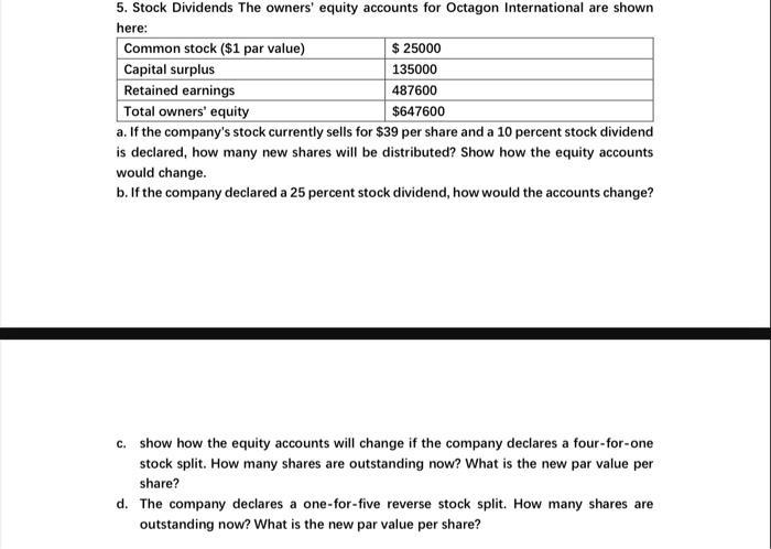 Solved 5. Stock Dividends The owners' equity accounts for | Chegg.com