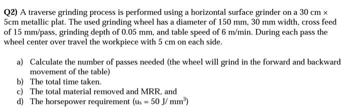 Solved Q2) A traverse grinding process is performed using a | Chegg.com