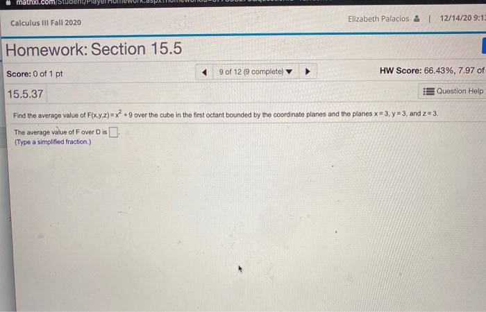 Solved Payui non Calculus III Fall 2020 Elizabeth Palacios | | Chegg.com