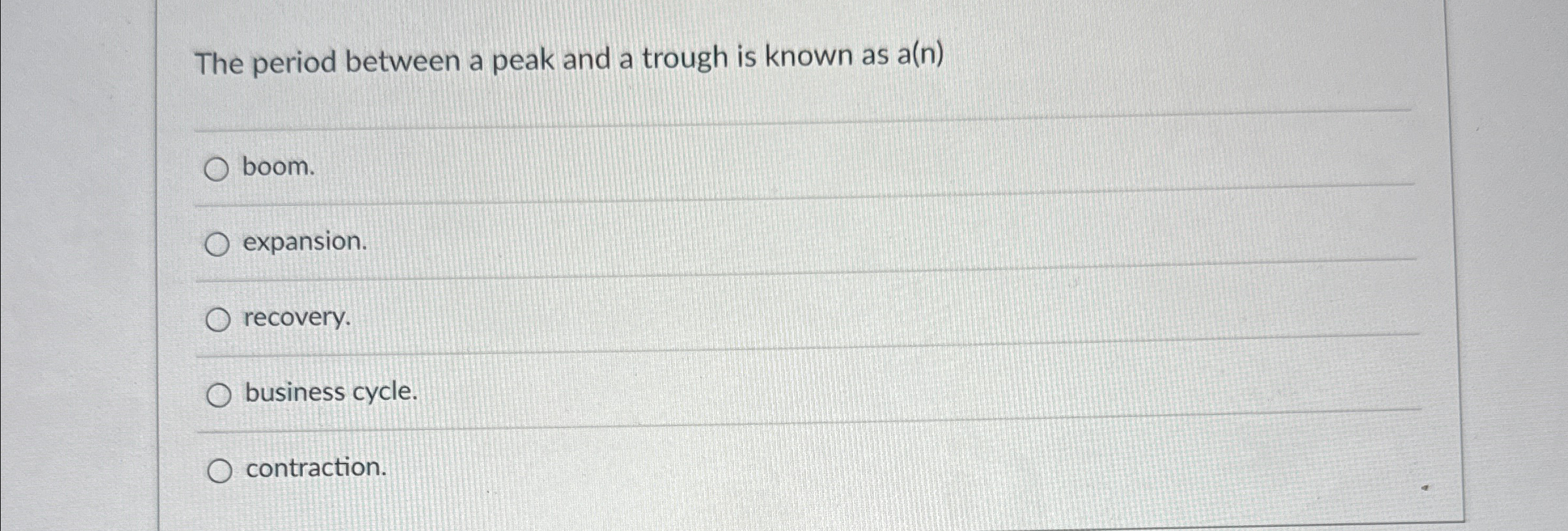 Solved The period between a peak and a trough is known as | Chegg.com