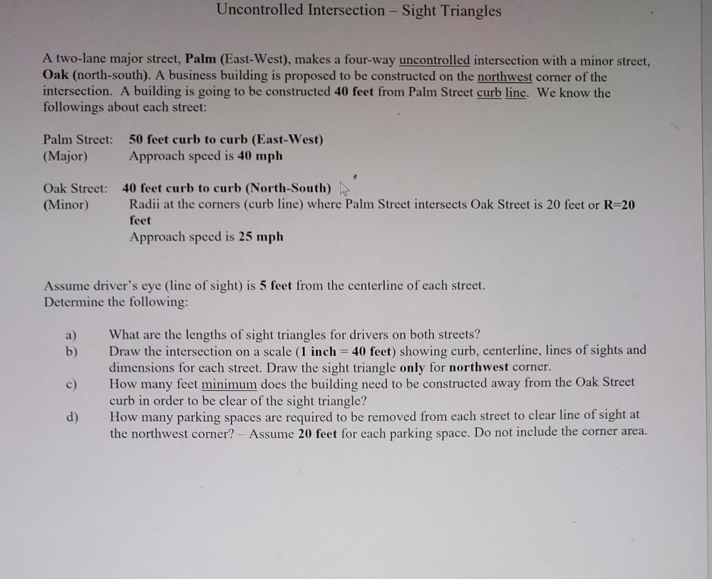 Uncontrolled Intersection - Sight Triangles A | Chegg.com