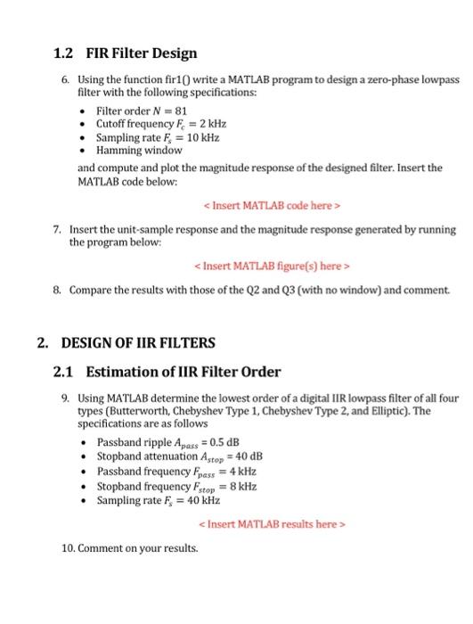 Solved 1 2 Fir Filter Design 6 Using The Function Fir10