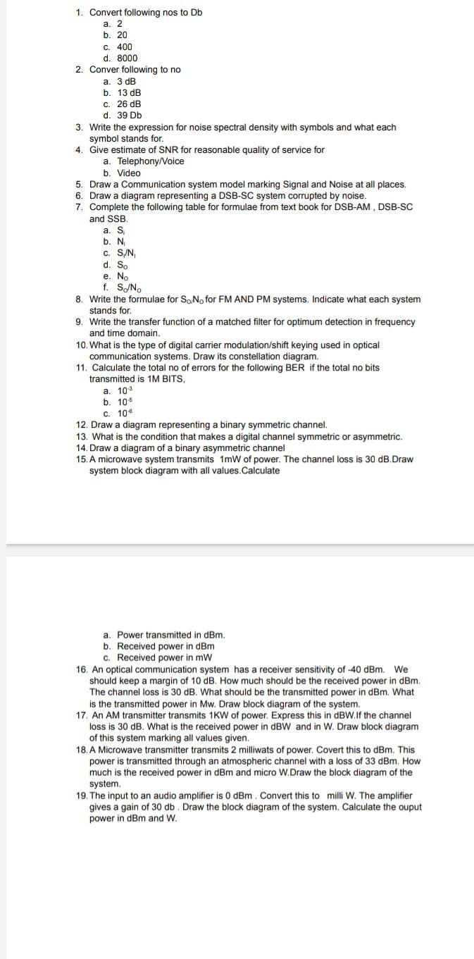 Solved 1. Convert following nos to Db a. 2 b. 20 c. 400 d. | Chegg.com