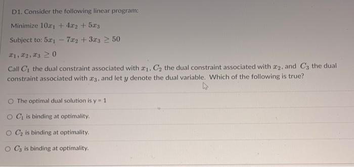 Solved D1. Consider the following linear program: Minimize | Chegg.com
