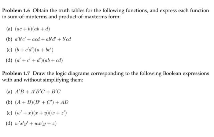 Problem 1.6 Obtain the truth tables for the following | Chegg.com