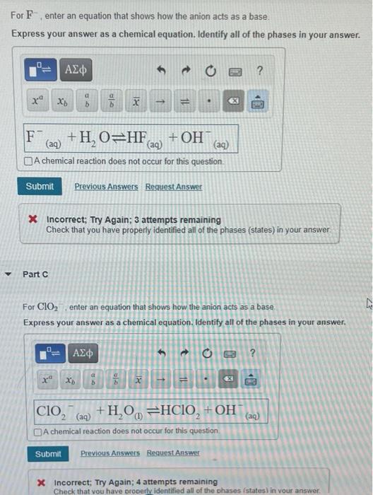 Solved For F, enter an equation that shows how the anion | Chegg.com