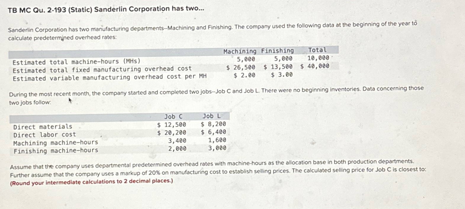 Solved TB MC Qu. 2-193 (Static) ﻿Sanderlin Corporation has | Chegg.com