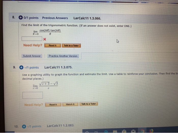 Solved 8. 0/1 points Previous Answers LarCalc11 1.3.066. | Chegg.com