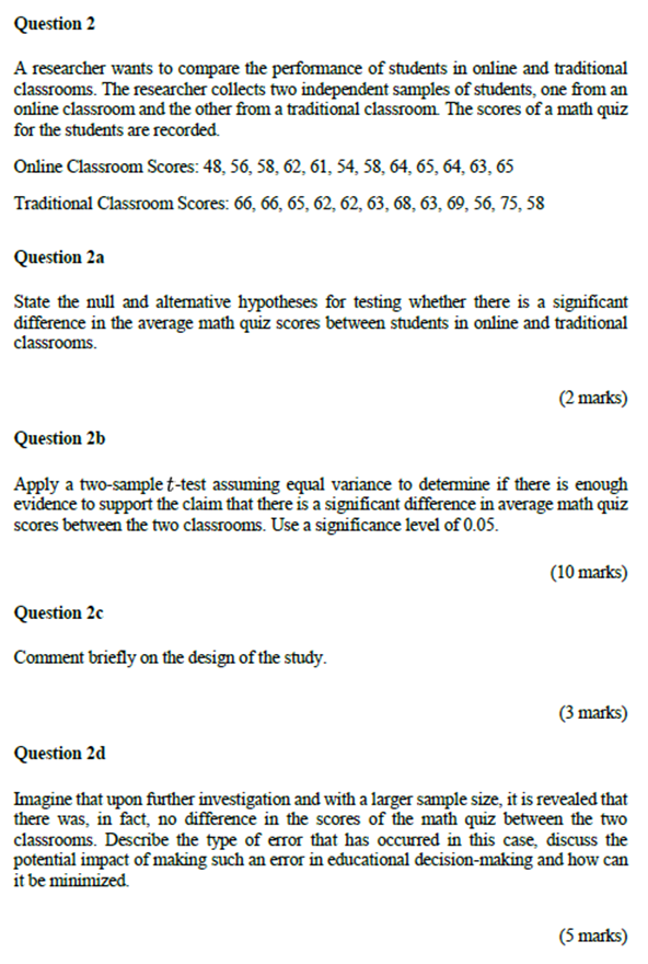 Solved Question 2A researcher wants to compare the | Chegg.com