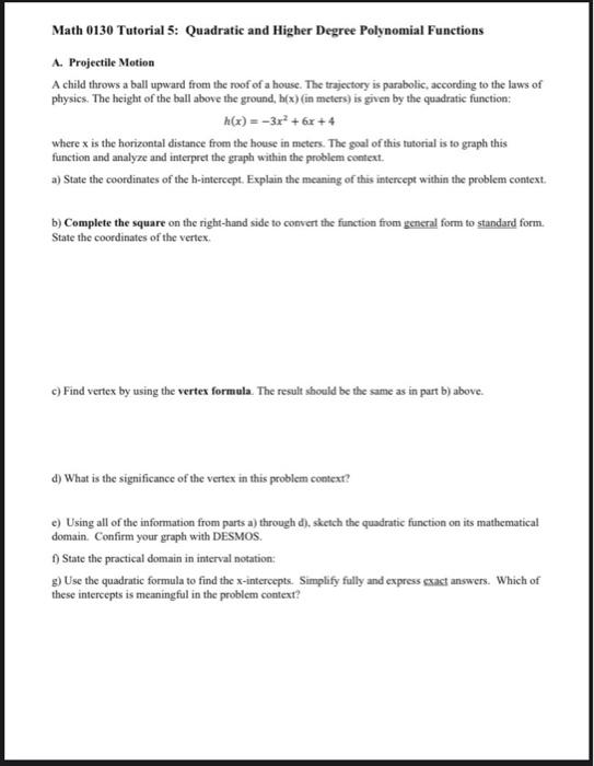 Solved Math 0130 Tutorial 5: Quadratic and Higher Degree | Chegg.com