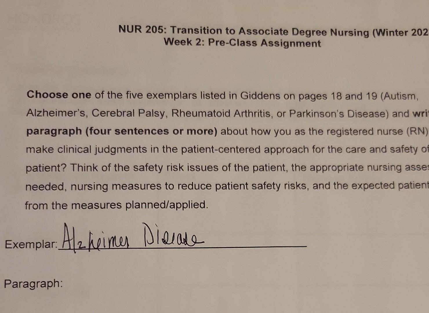 Solved NUR 205: Transition to Associate Degree Nursing | Chegg.com