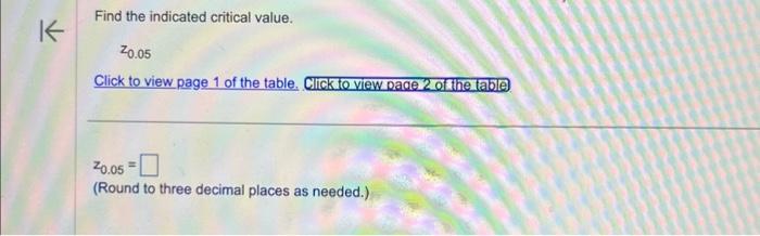 Solved Find the indicated critical value. Z0.05 Click to | Chegg.com