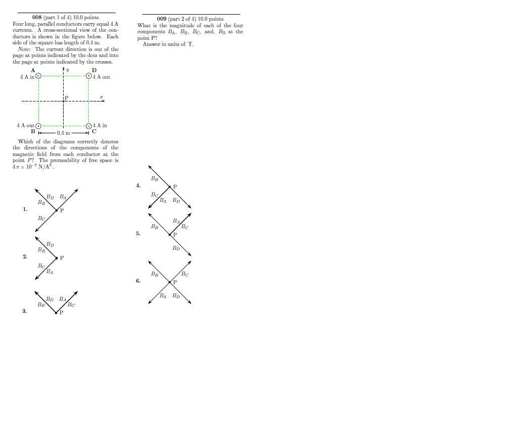 Solved Four long, parallel conductors carry equal 4 A | Chegg.com
