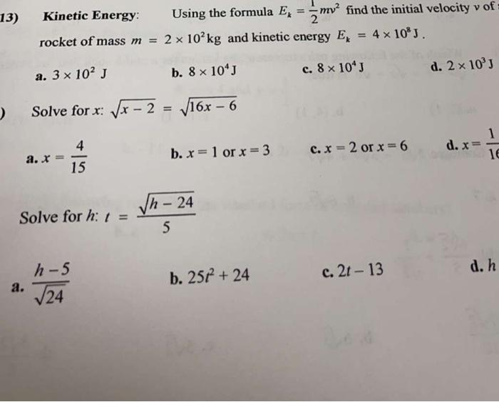 Solved 13) Kinetic Energy: Using the formula E My find the | Chegg.com