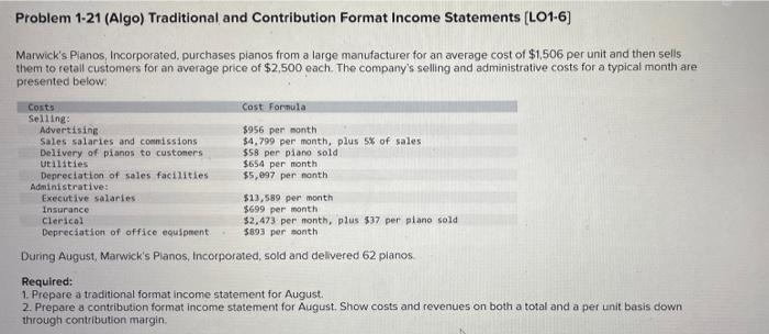 Solved Problem 1-21 (Algo) Traditional and Contribution | Chegg.com