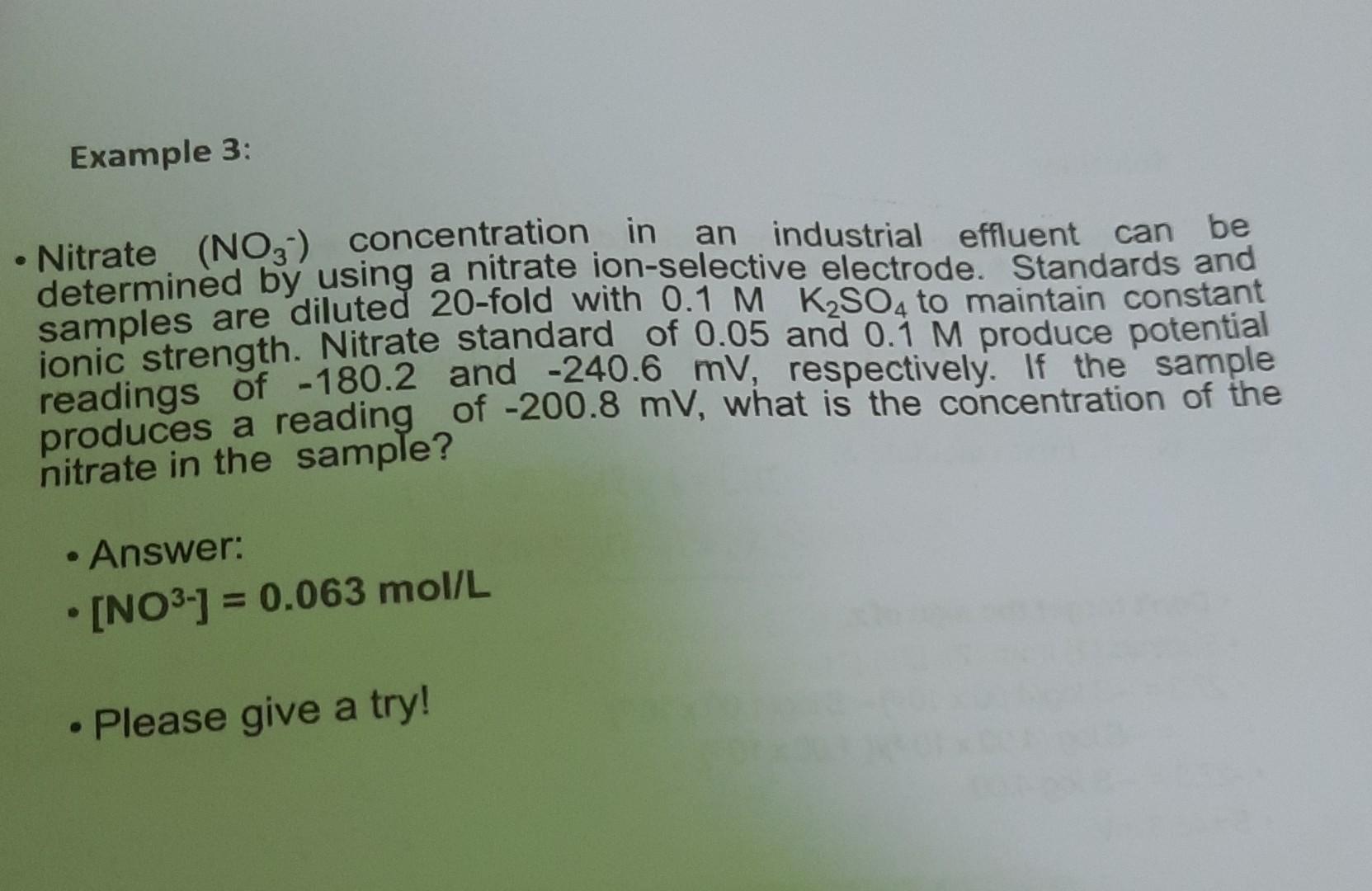 Solved Example 3: - Nitrate (NO3−)concentration in an | Chegg.com