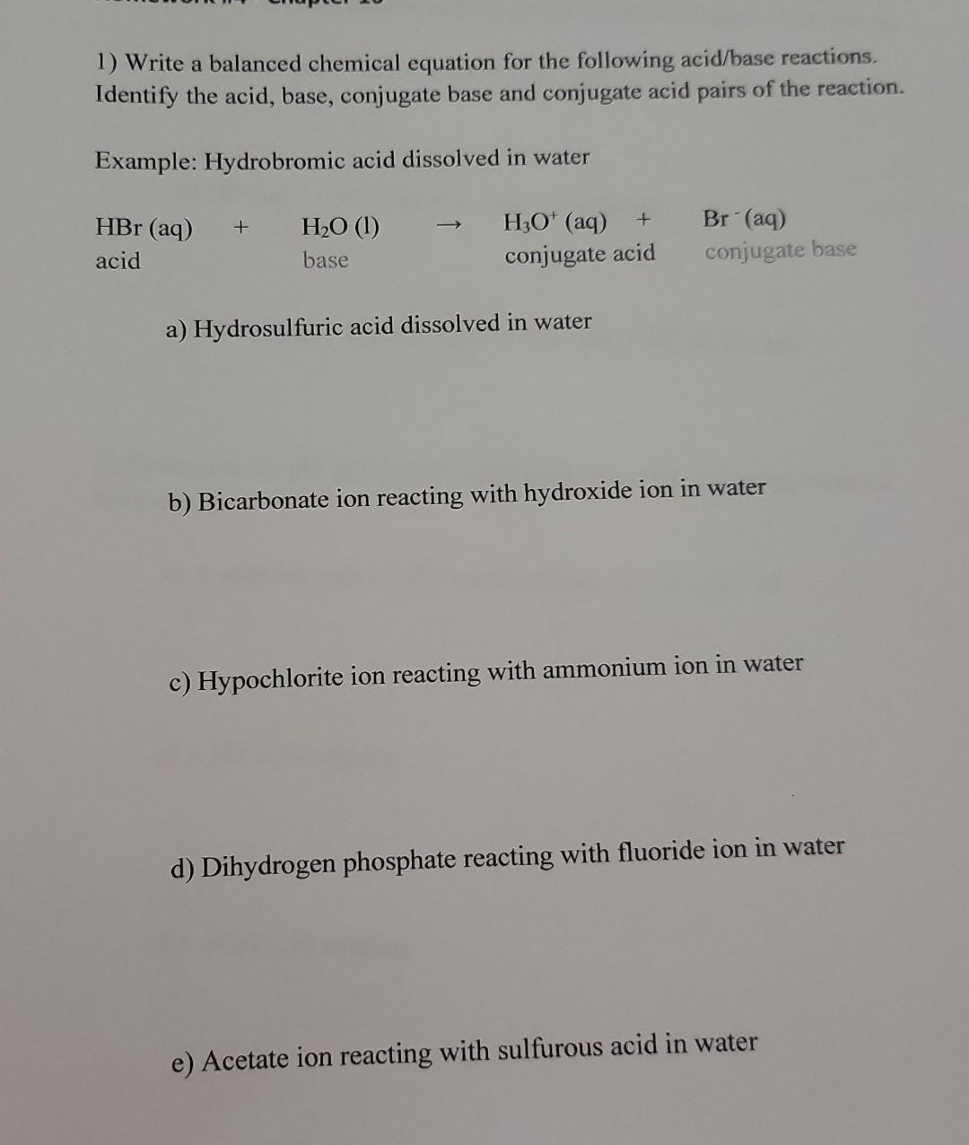 Solved 1) Write a balanced chemical equation for the | Chegg.com